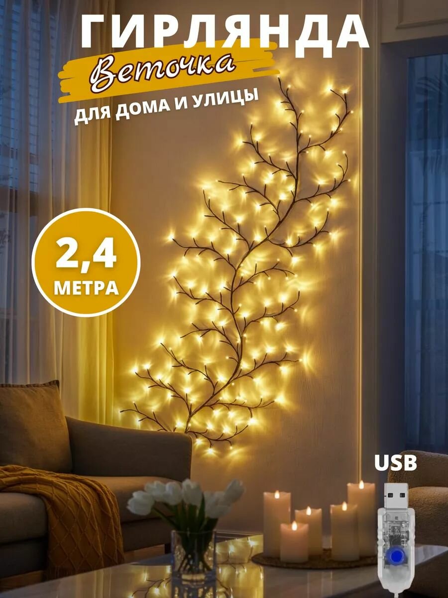 Электрогирлянда интерьерная Фигура Светодиодная 144 ламп, 2.4 м, питание От порта USB, 1 шт