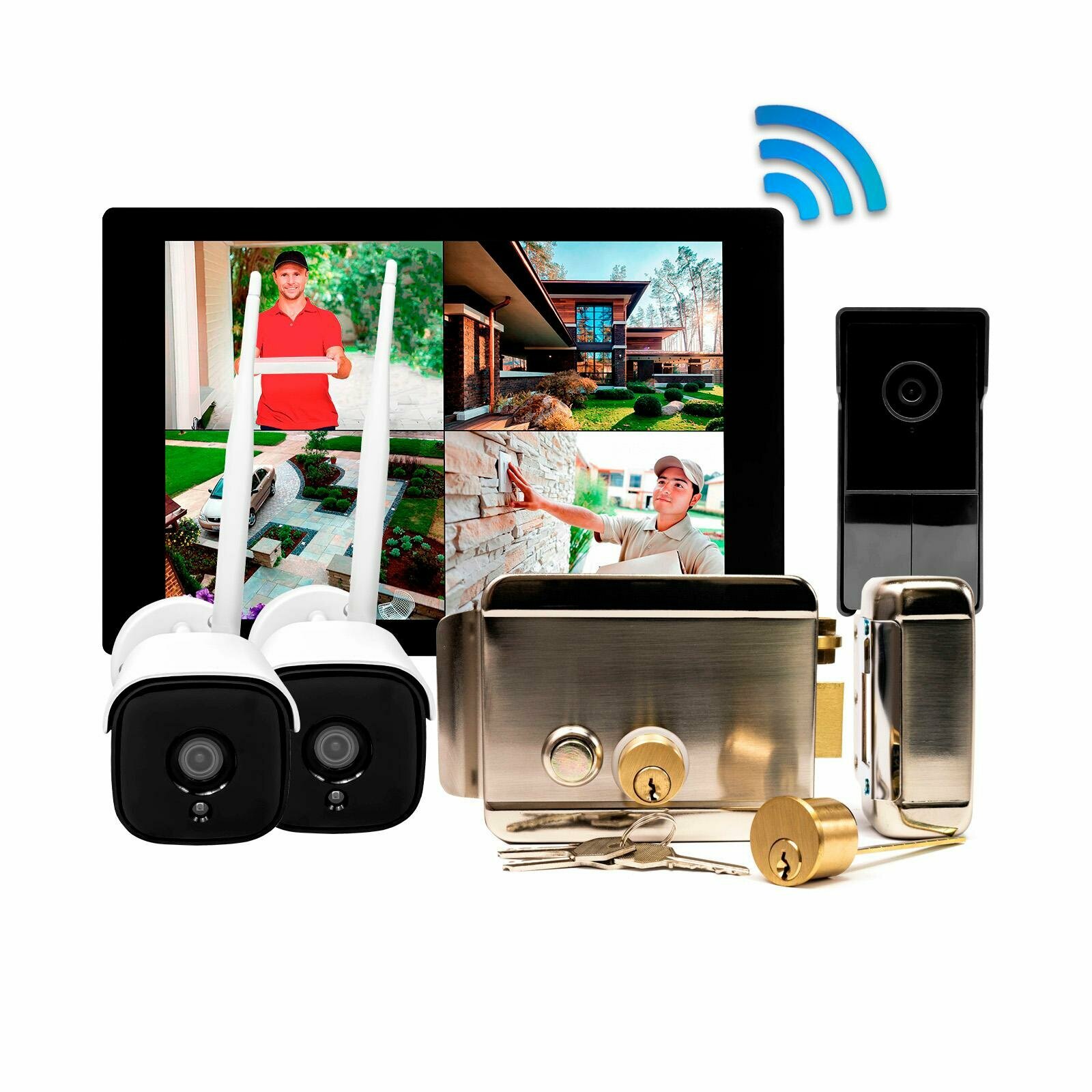 Радиоканальный видеодомофон с замком и 2 камерами - СкайНет 1000 (1+2+AX042) (N50323BE): HD монитор 10 дюймов, вызывная панель с камерой 3mp, элект