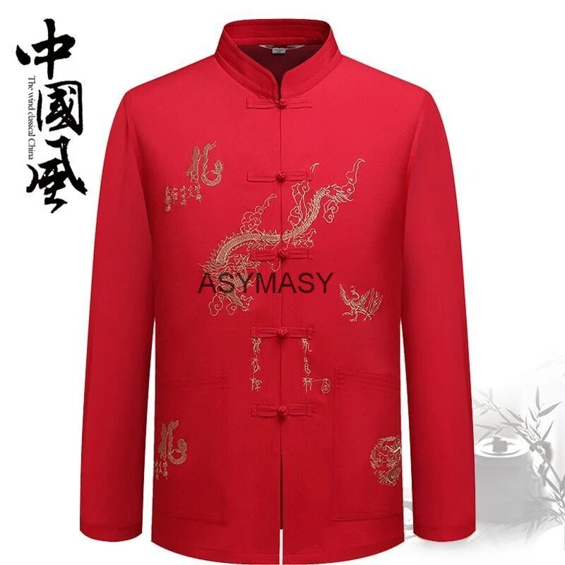 Льняной мужской ханьфу ASYMSAY XL(175CM), red long Sleeve