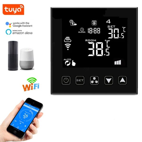 Умный термостат Tuya Smart Thermostat Cooling Heating 3 Speed Fan WiFi для комнаты для центрального кондиционера и вентиляторно-коилевого блока — черный1