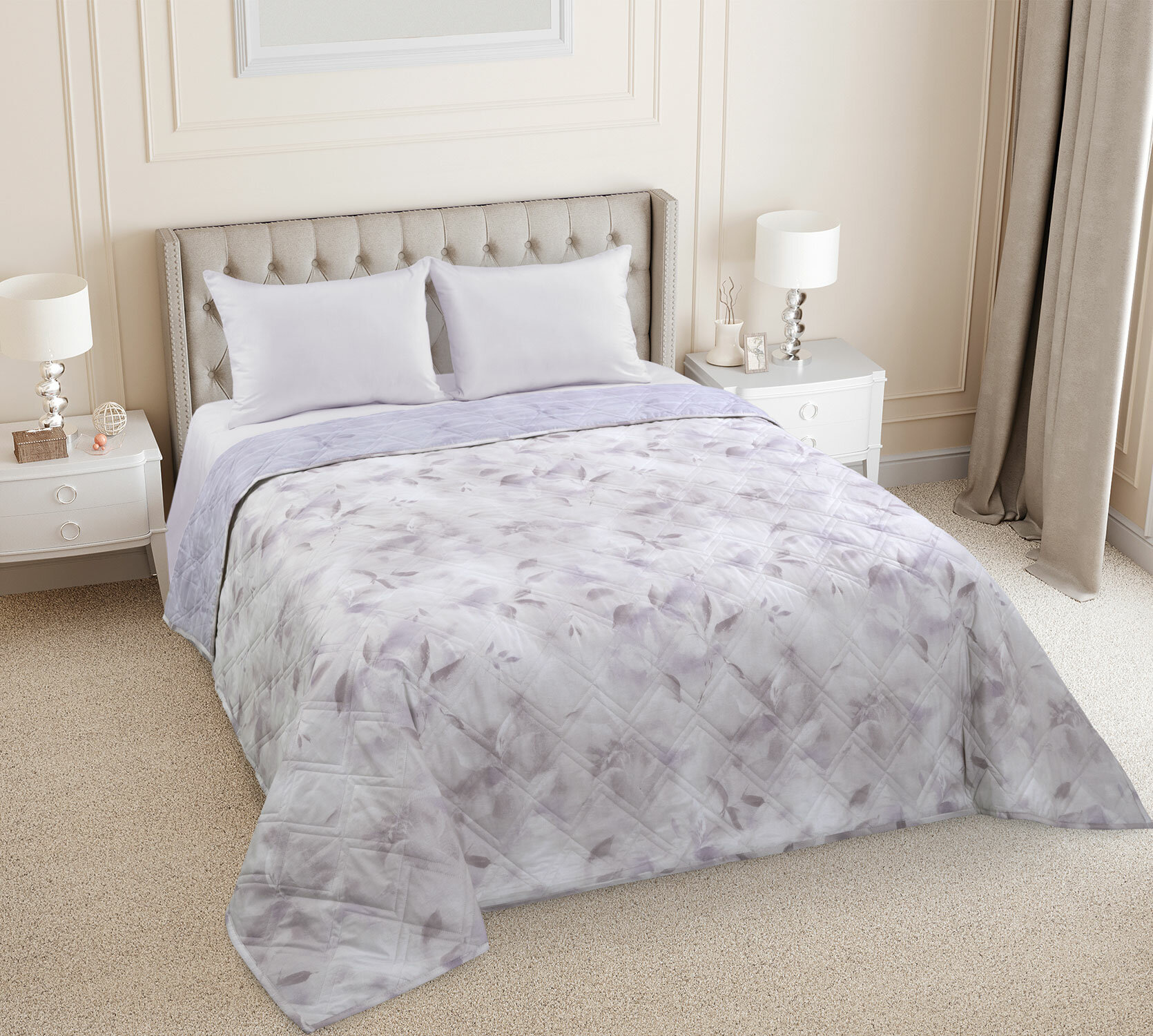 Покрывало 220х225 Стеганое из Перкали "Туманные рассветы 3 роз" Евростандарт ПЭл220225