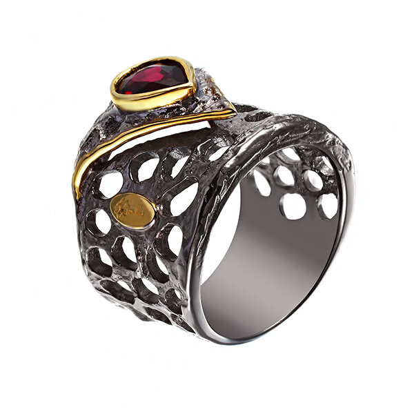 Кольцо широкое, серебро, 925 проба, родирование, гранат