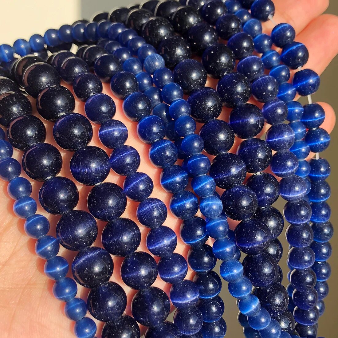 Бусины лунный камень кошачий глаз GMB724 Темно-синий, 8mm 46pcs beads, Lapis lazuli color
