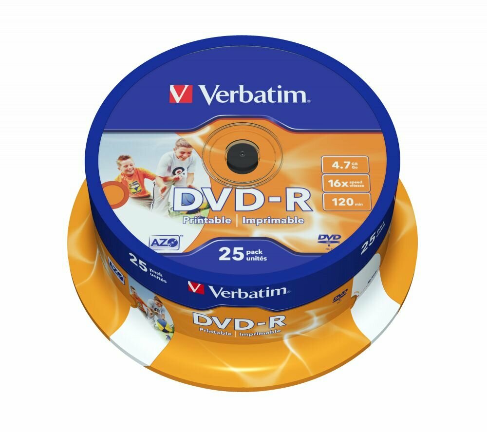 Оптические диски Verbatim DVD-R 4.7 ГБ 16X AZO под струйную печать Printable 25 шт. на шпинделе (43538)