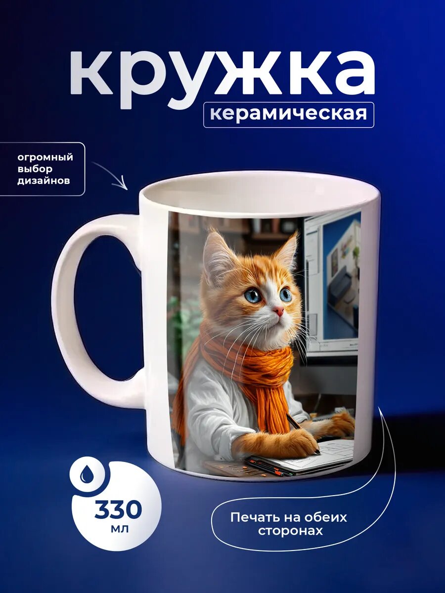 Кружка керамическая PNP NARD, 330 мл, с цветным принтом с котиком, дизайнер