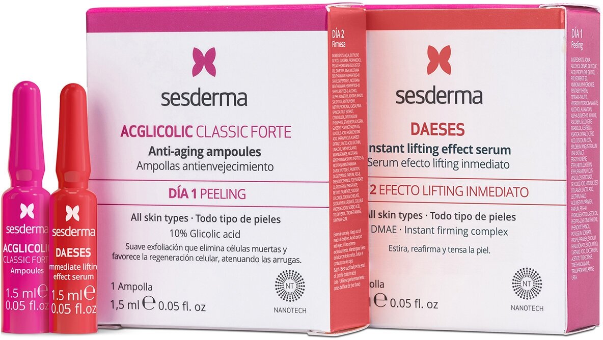 Sesderma TREATMENT FLASH PEELING + FIRMING - Набор для домашнего пилинга "Лифтинг" (ACGLICOLIC CLASSIC FORTE - Средство в ампулах 1,5 мл + DAESES Сыворотка "Мгновенный лифтинг" 1,5 мл)