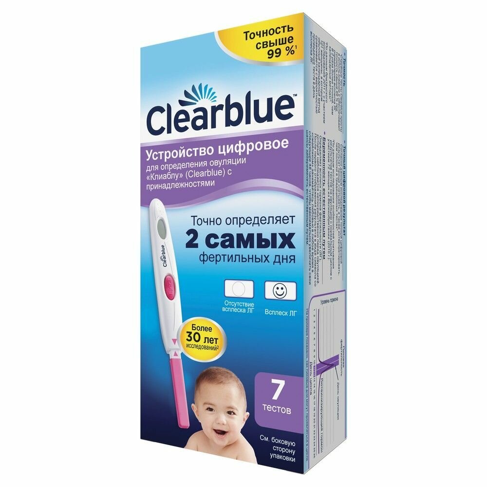 Тест на овуляцию CLEARBLUE Устройство цифровое, с принадлежностями, цифровой корпус и 7 тест-полосок