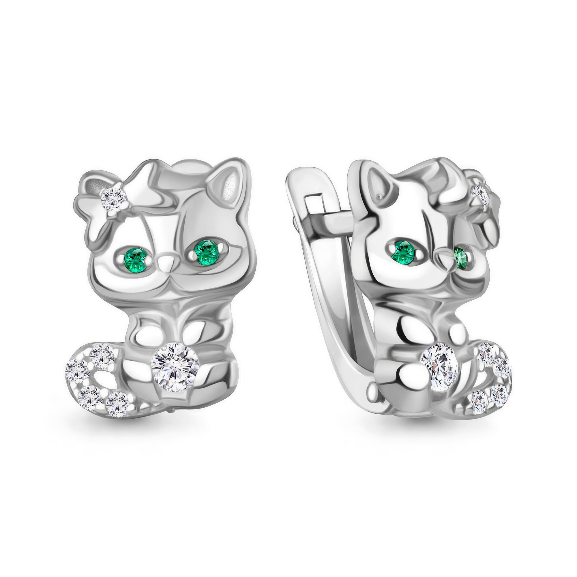 Серьги, серебро, 925 проба, родирование, фианит, изумруд синтетический