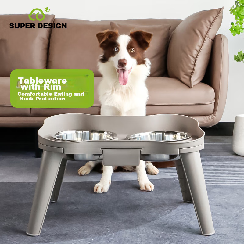 SUPER DESIGN High-Foot Bowl with Rim for Table, Pet Food Dish, Dog Feeding Bowl, Anti-Spill Stainless Steel Dog Bowl