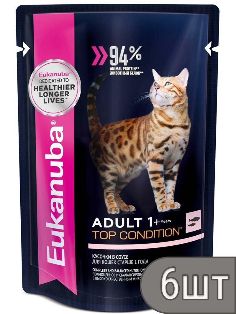 Eukanuba Набор 6 шт Паучи для кошек с лососем в соусе, 85г 0.51 кг