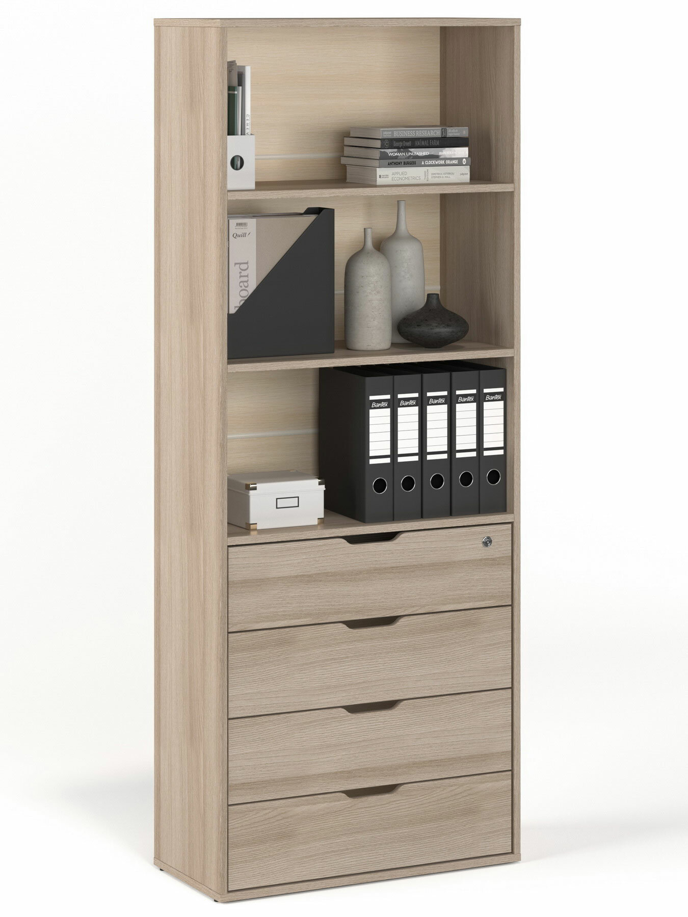 Книжный шкаф-стеллаж для дома и офиса с 3 полками и 4 ящиками МагМебель №36 ясень шимо светлый