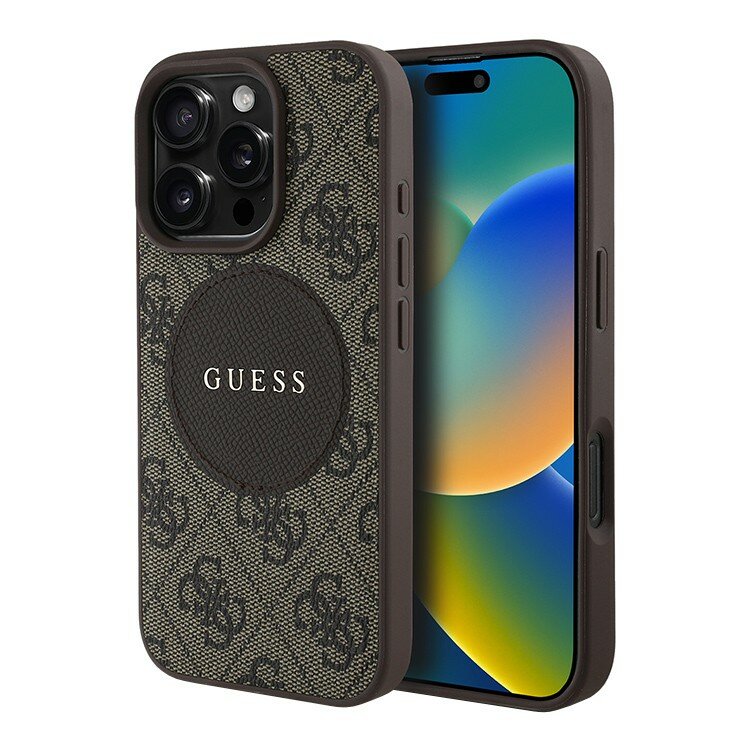 Guess чехол MagSafe для iPhone 16 Pro, кожа PU 4G with Round Patch коричневый