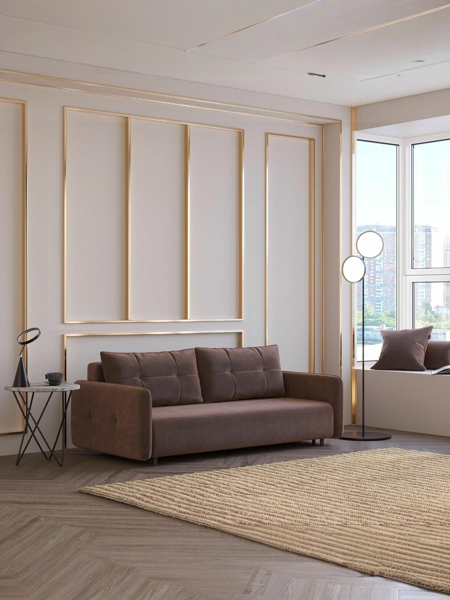 Диван прямой Manons Maison Сканди, раскладной механизм Еврокнижка (Тик-так), Велюр Коричневый, 223х109х76 см