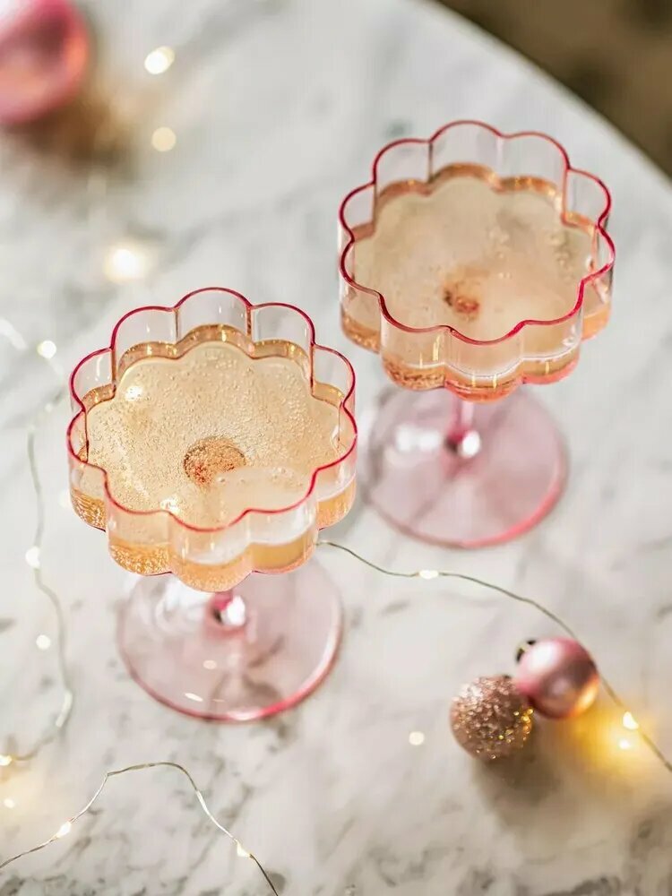 Бокал для вина и коктейлей стеклянный, рифленый фужер, 2 шт, цвет розовый YZ