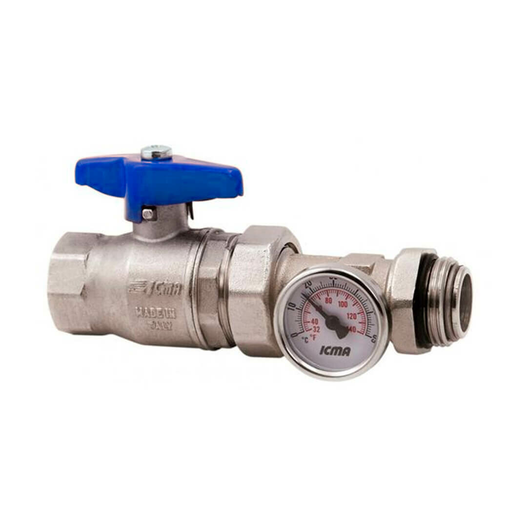 Полнопроходной шаровой кран с вращающимся присоединением к коллектору. Патрубок с плоским креплением и термометром. (Термометр арт. 206 0-60 в комплекте) 1" Icma