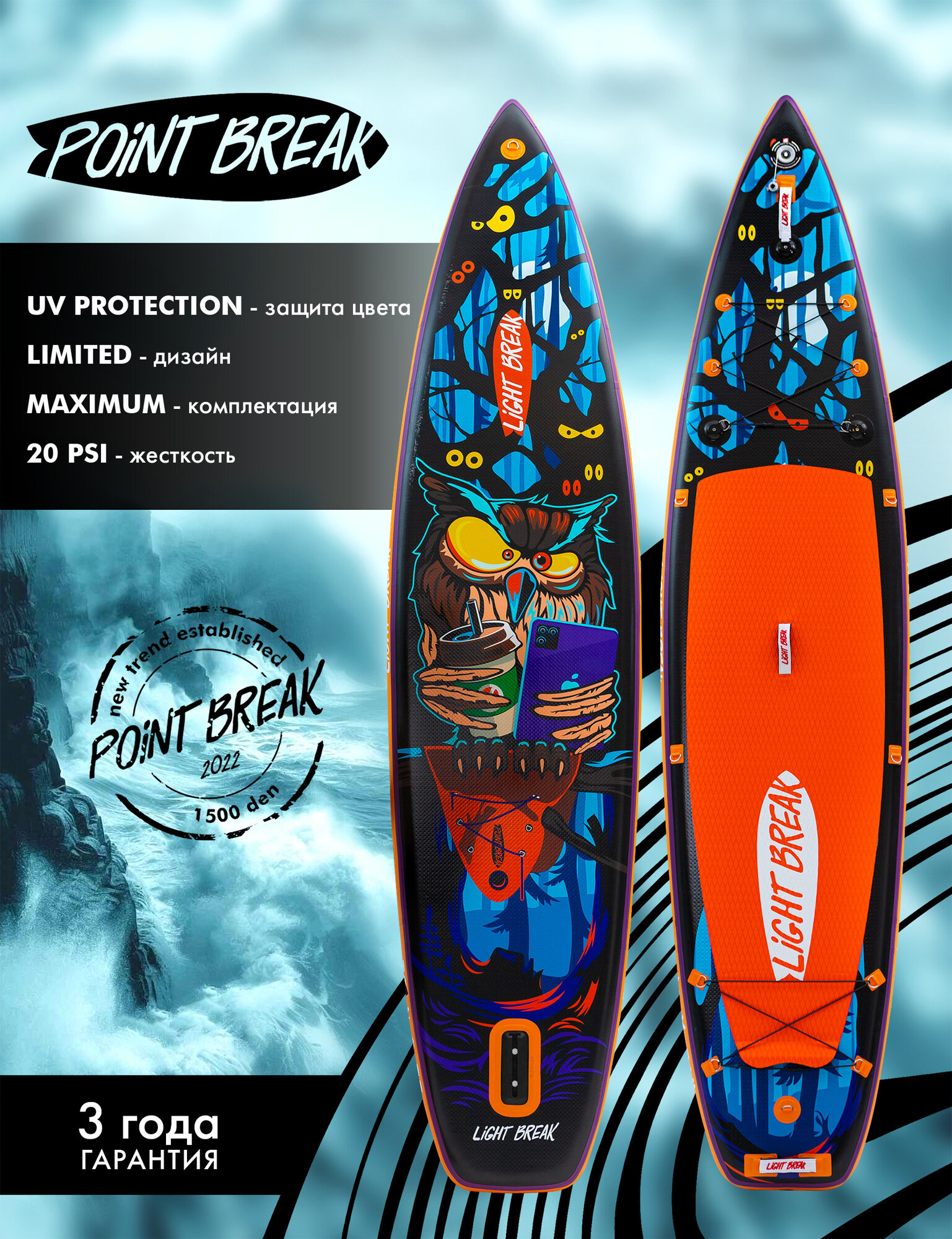 SUP board Point break Сова, Надувная SUP доска сапборд 11,6 (351cм×81см×15см)
