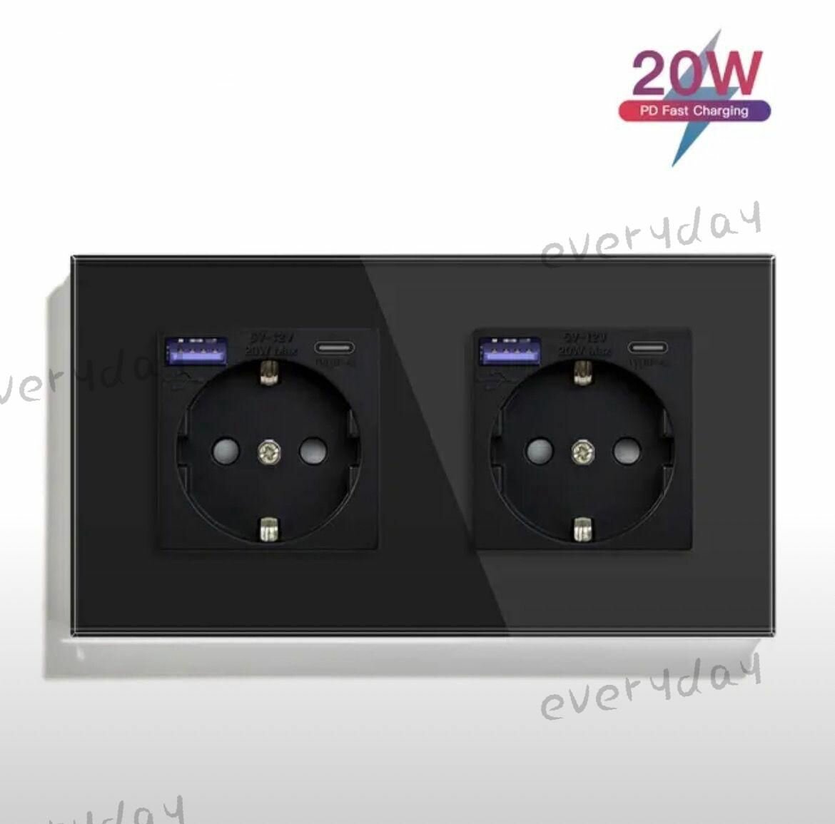 Умная розетка двойная с быстрой зарядкой 20w с разъемом USB и Tape-C