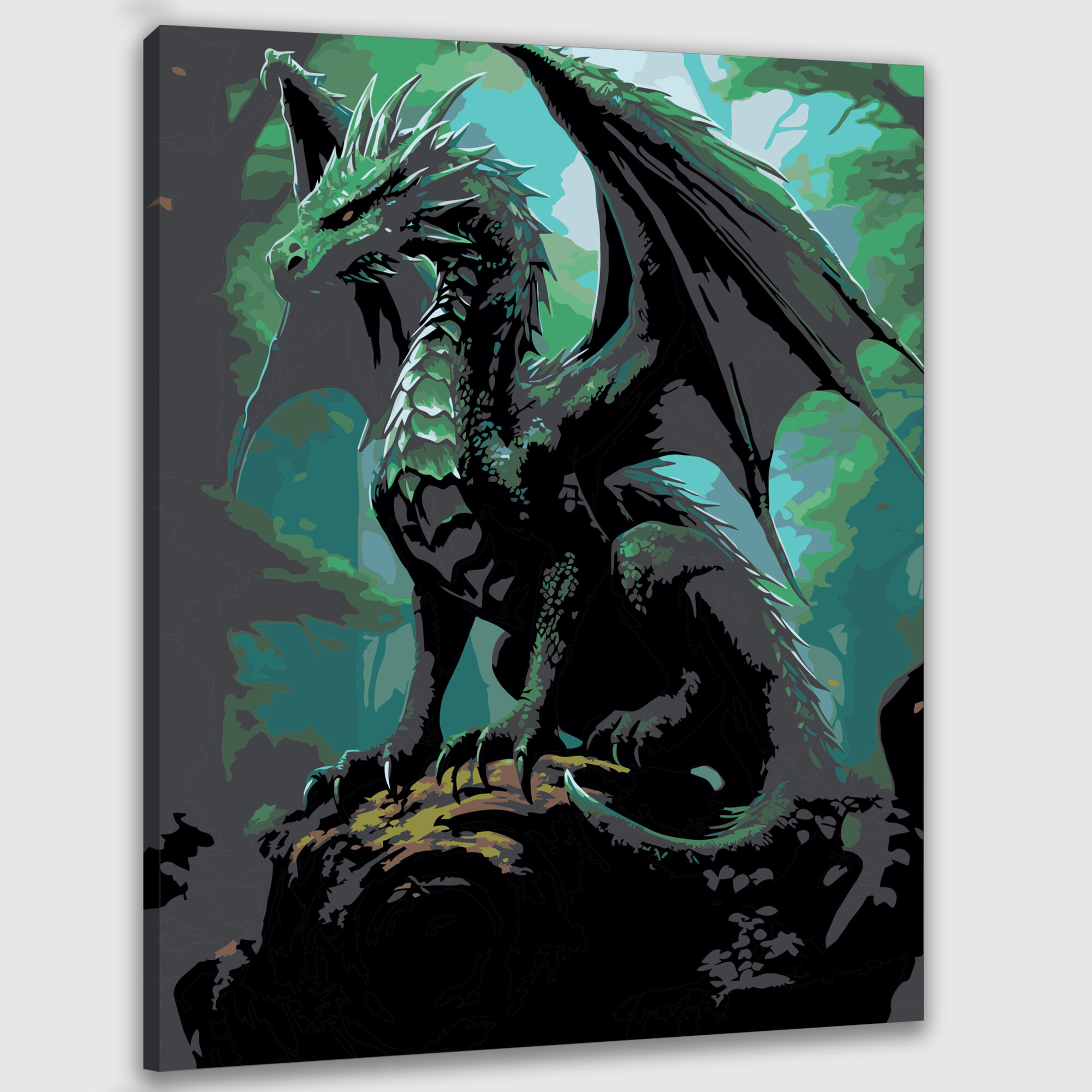 Картина по номерам 40x50 см, зеленый дракон, изумрудные оттенки, каменный пьедестал, заколдованный лес