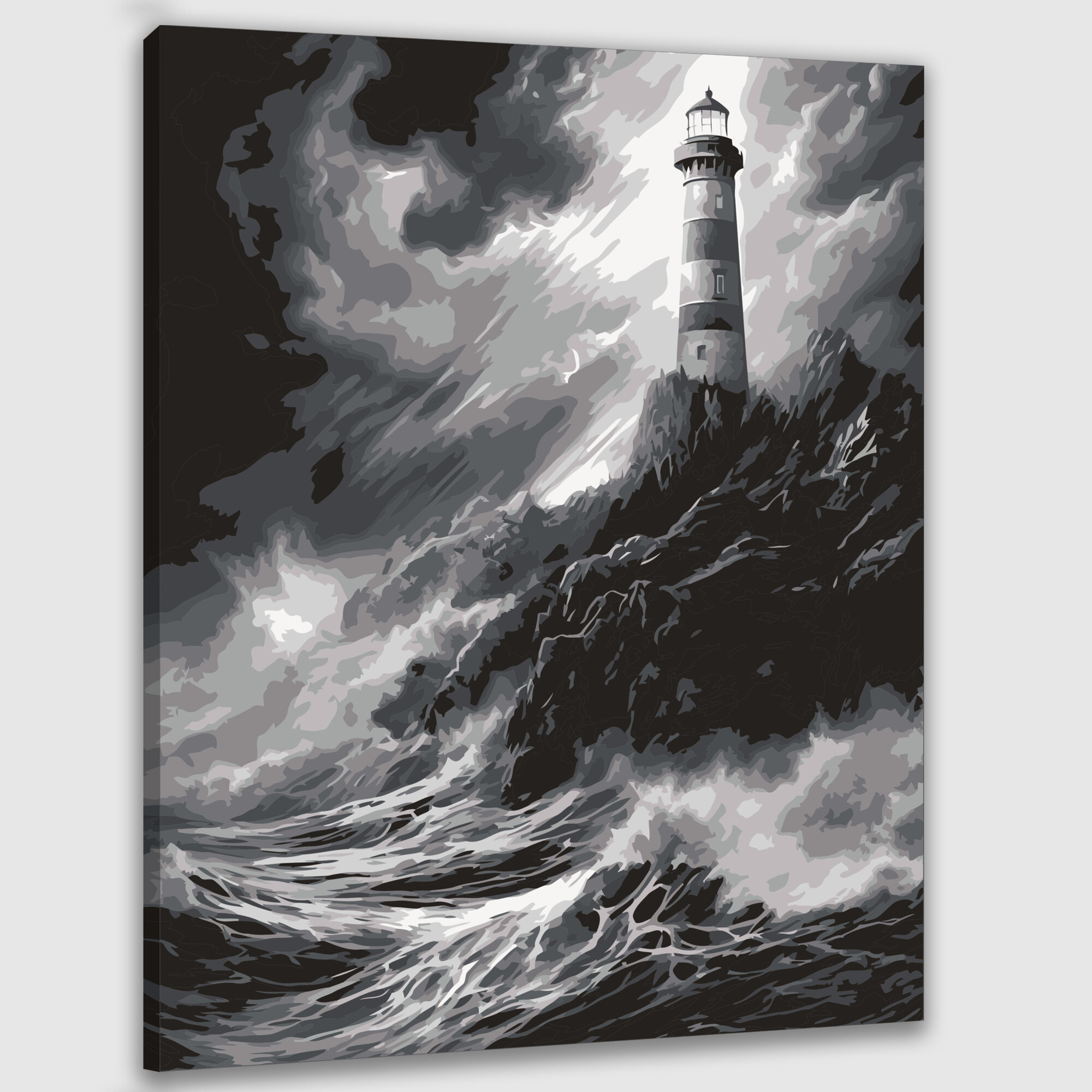 Картина по номерам 40x50 см, маяк, карандашный набросок, скалистый утес, штормовое море, разбивающиеся волны