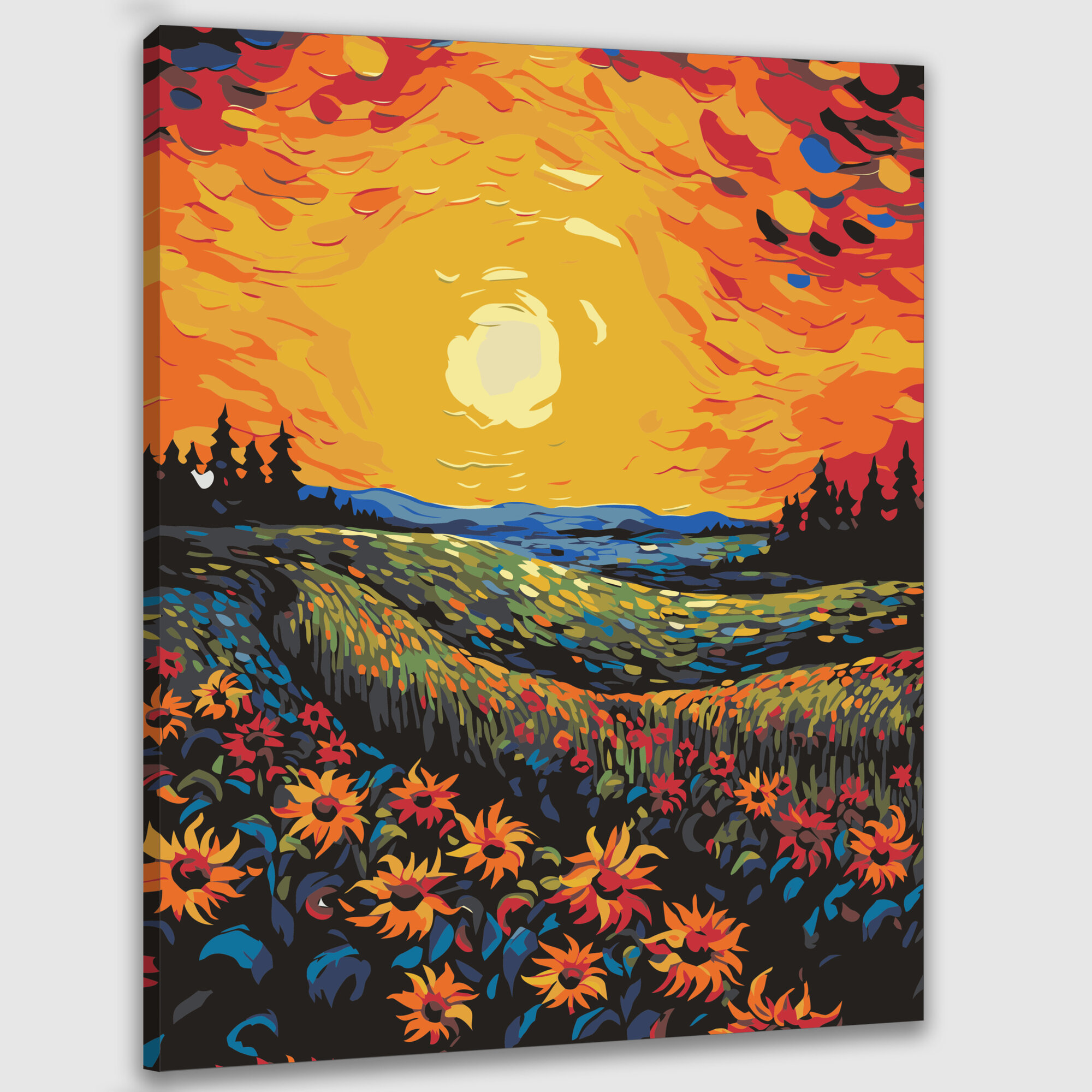 Картина по номерам 40x50 см, пейзажная картина, Ван Гог, цвет, мазок, подсолнечное поле, желтый, оранжевый, небо, синий