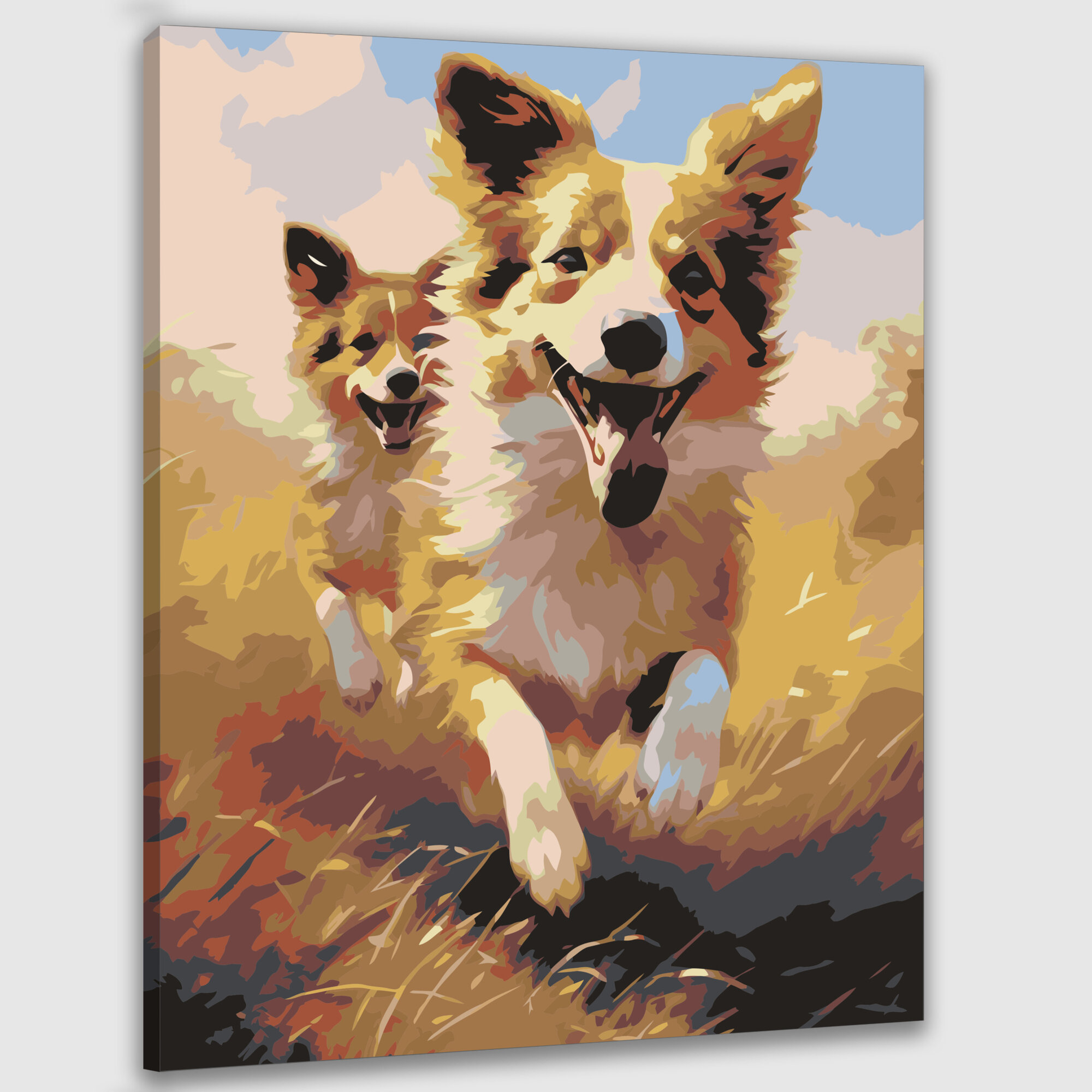 Картина по номерам 40x50 см, рыжая лиса, бордер-колли, игра, поле, солнце, радость, товарищество, прыжок, игривая связь