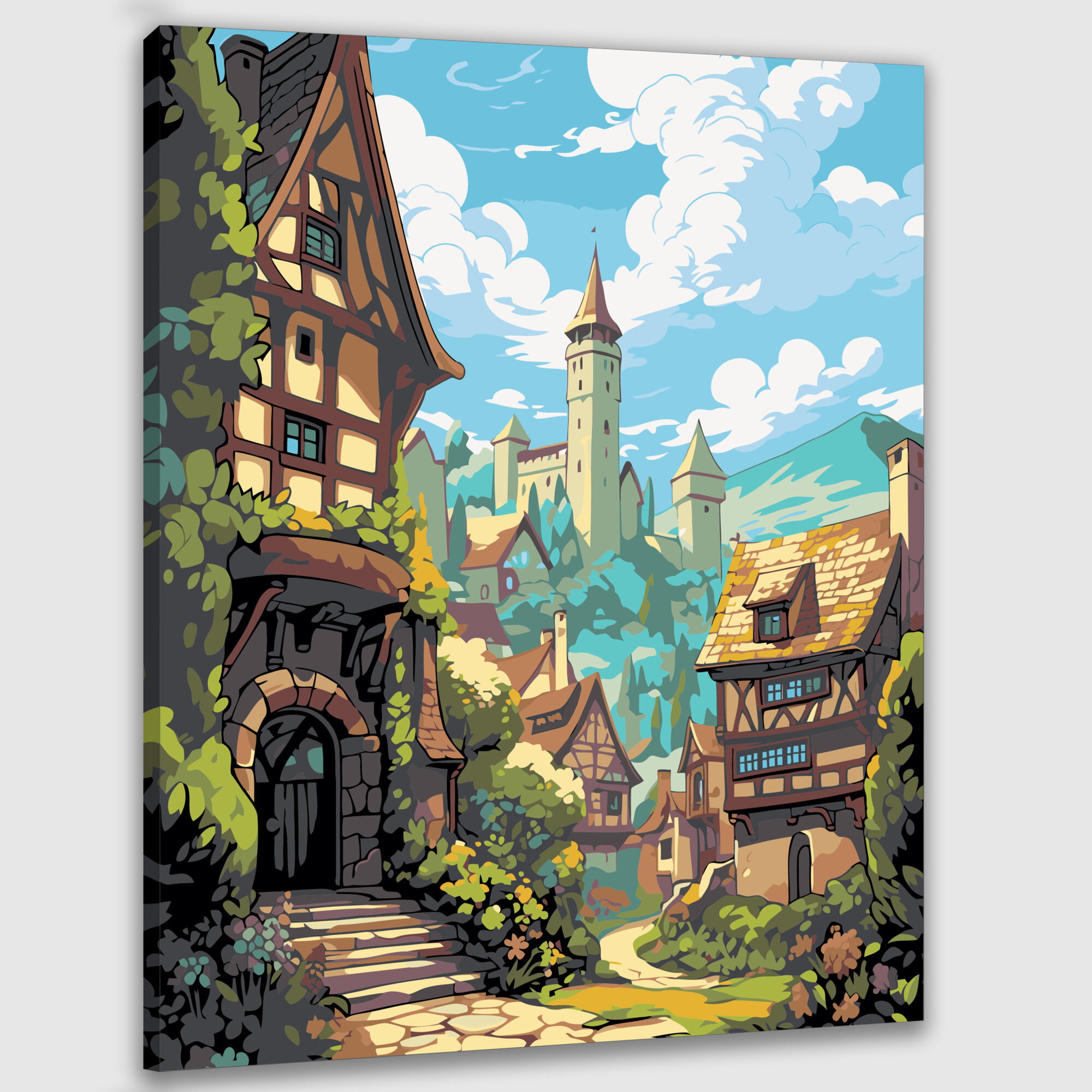 Картина по номерам 40x50 см, Яркая цифровая картина, идиллическая деревня, ар-нуво стиль, холмы, коттеджи