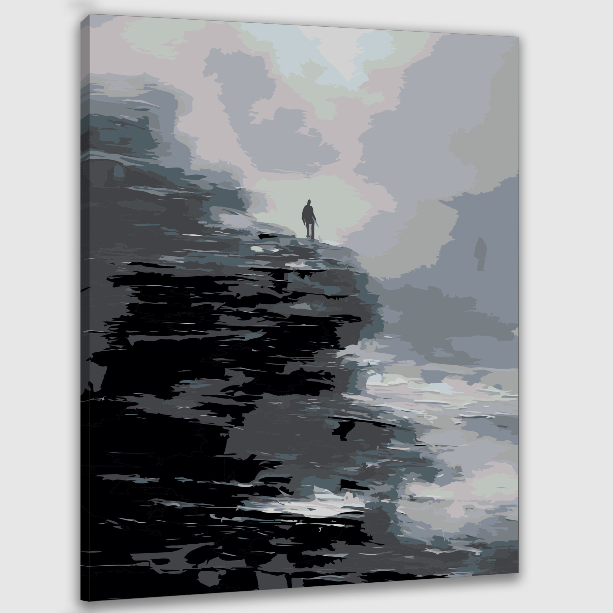 Картина по номерам 40x50 см, мрачная, масло, фигура, утес, морской пейзаж, изоляция, тоска, темная палитра, плащ