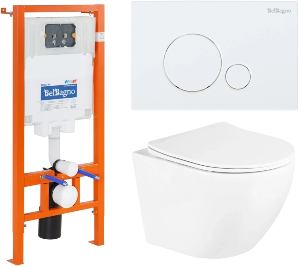 Комплект инсталляция с унитазом BelBagno Sfera BB3105CHR/SC/BB002-80/BB014-SR-BIANCO с кнопкой смыва, белый + унитаз подвесной BelBagno Uno безободковый, с сиденьем микролифт, белый