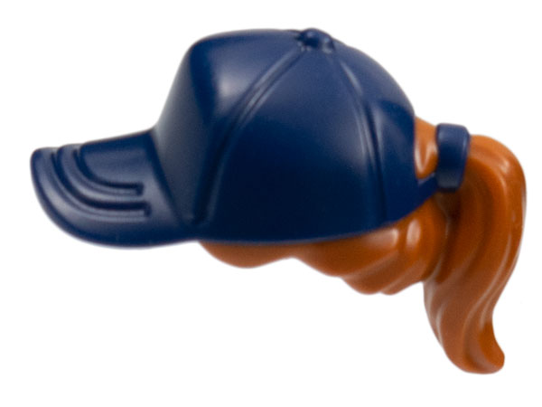 Minifigure, Hair Combo, Hair with Hat, Ponytail with Molded Dark Blue Ball Cap Pattern, 35660pb02 Dark Orange U