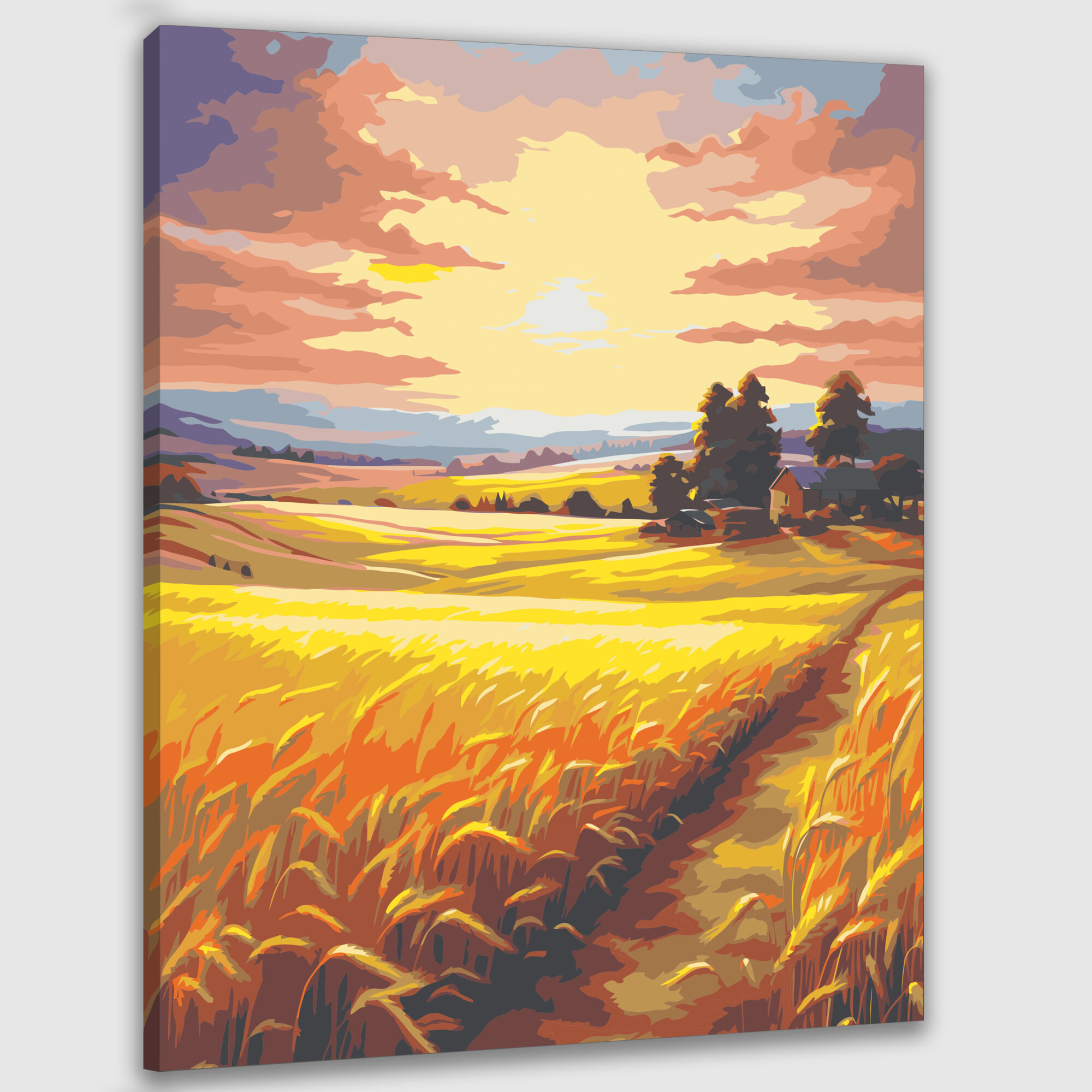 Картина по номерам 40x50 см, картина, масло, пшеничное поле, рассвет, солнце, лучи, стебли, тени, цвета пейзажа