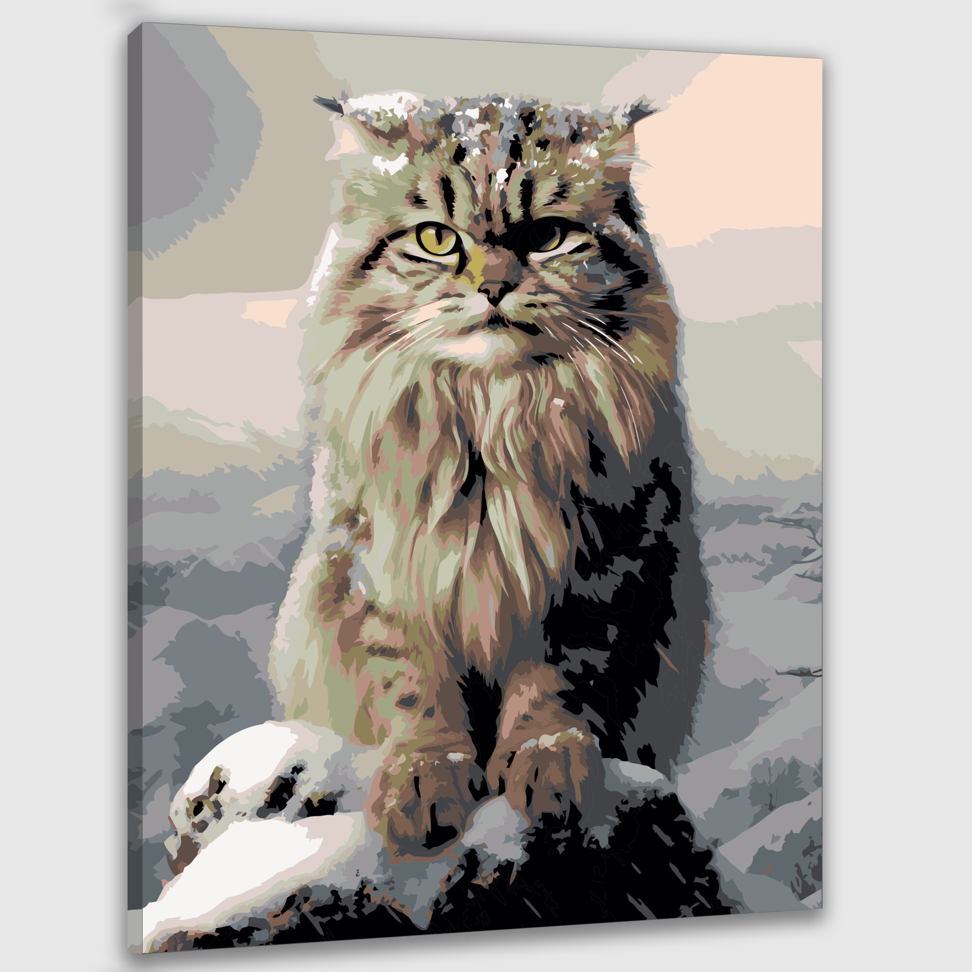 Картина по номерам 40x50 см, манул, кот Манул, сибирский пейзаж, заснеженный валун, густой мех, желтые глаза