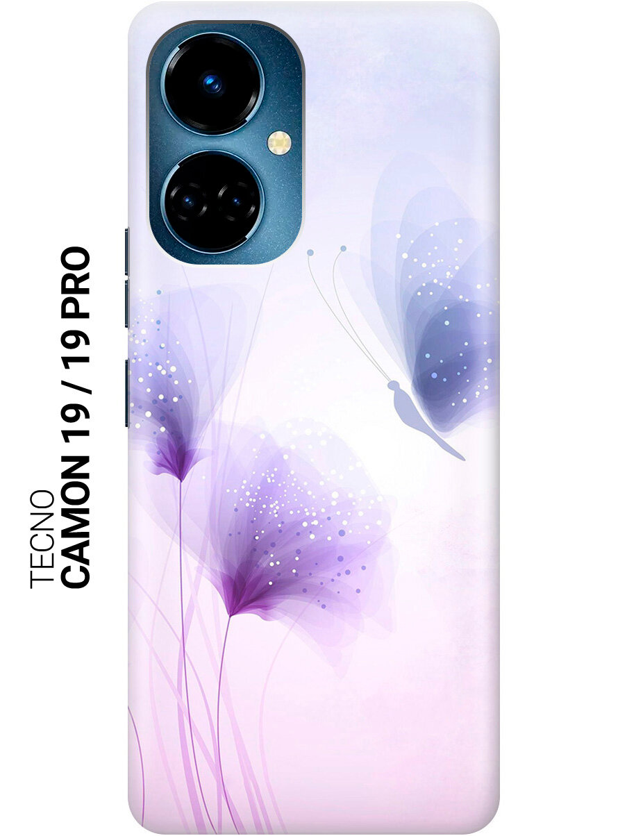 Силиконовый чехол на Tecno Camon 19 / 19 Pro / Техно Камон 19 / 19 Про с рисунком "Бабочка и фиолетовые цветы"