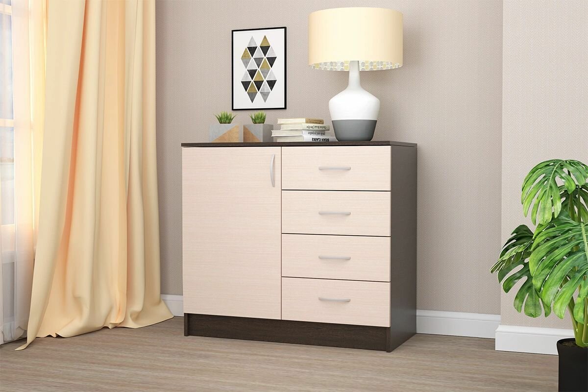 Комод 1 створка, ящики Кэт 7 Дуб Белфорт и Венге линум, ширина 90 см, с ящиками, с полками, в спальню, в гостиную, в кабинет