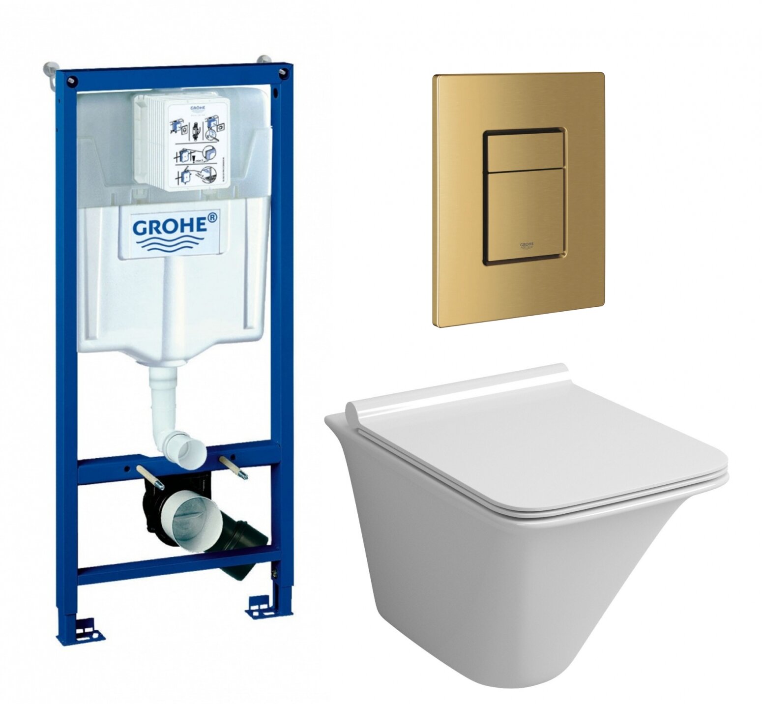 Комплект 3 в 1 инсталляция Grohe Rapid SL + Унитаз подвесной Grossman GR-4413S + кнопка золото, холодный рассвет матовый