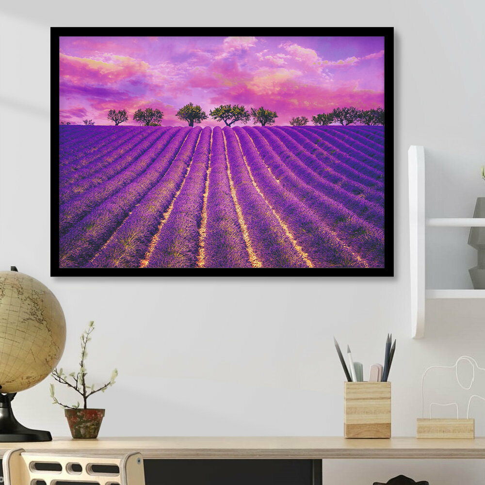 Постер "Лавандовое поле на закате" 50x70 в черной рамке на стену для интерьера