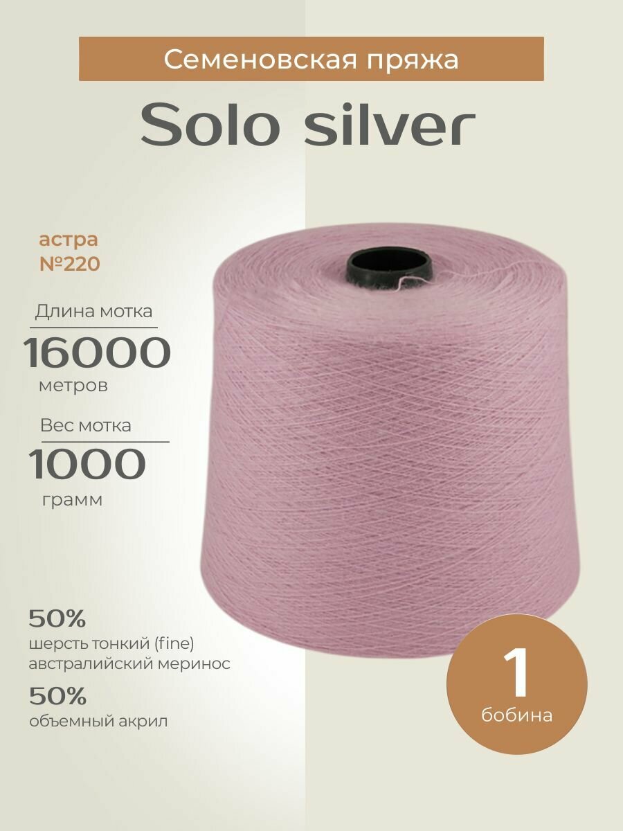Бобинная пряжа для вязания спицами, крючком и машиной Семеновская Solo silver (Соло сильвер) тонкая, шерсть меринос акрил, цвет: 220 Астра, 1 шт. 1 кг, 16000 м