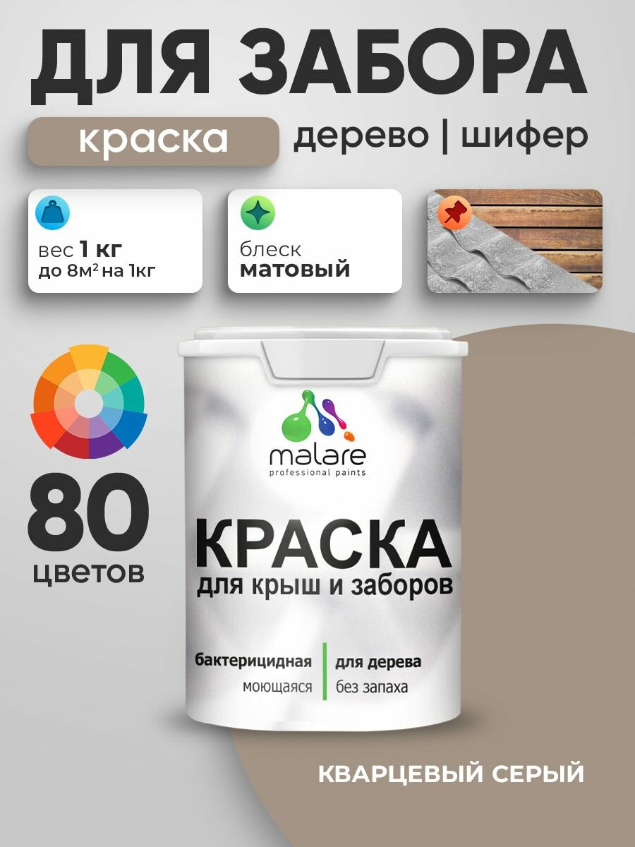 Акриловая краска Malare для деревянного забора/ по дереву для наружных и внутренних работ/ быстросохнущая моющаяся без запаха, матовая, кварцевый серый, 1 кг.