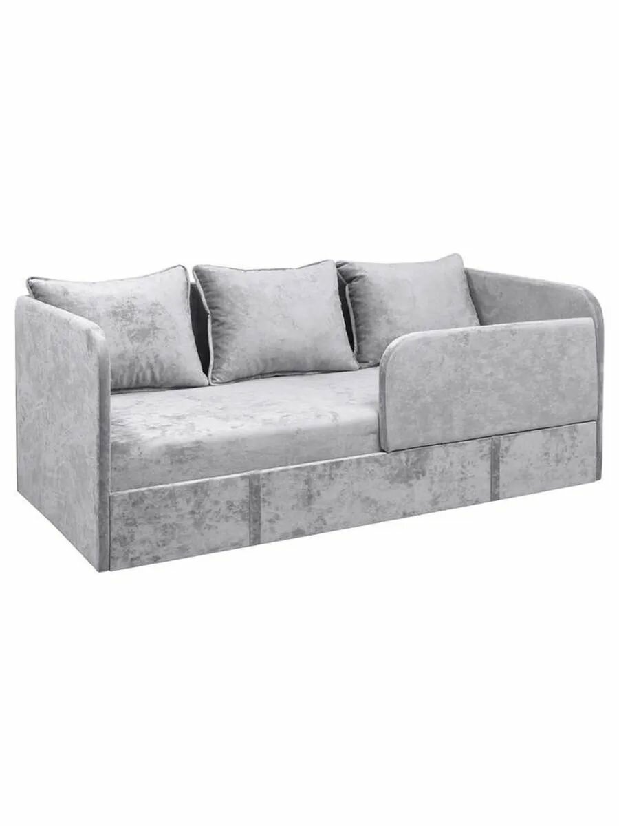 Диван кровать прямой Эллади нераскладной, с ящиком для белья, с подлокотниками, 75х165 см спальное место, Серебро, велюр Правая