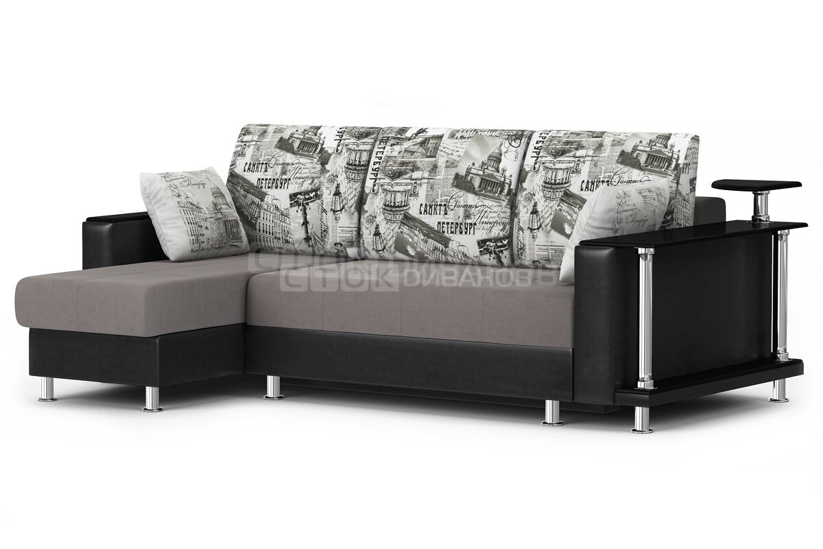 Угловой диван Сток Диванов Малибу Spb серый с принтом, механизм еврокнижка