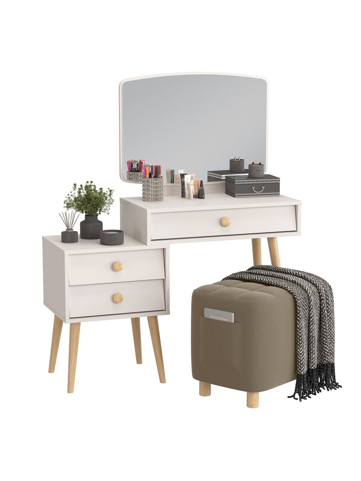 Трюмо для девушки Афина и тканевая банкетка Вики, кашемир серый/ткань орех, 105х38,6х129 + 53х40х46 см.