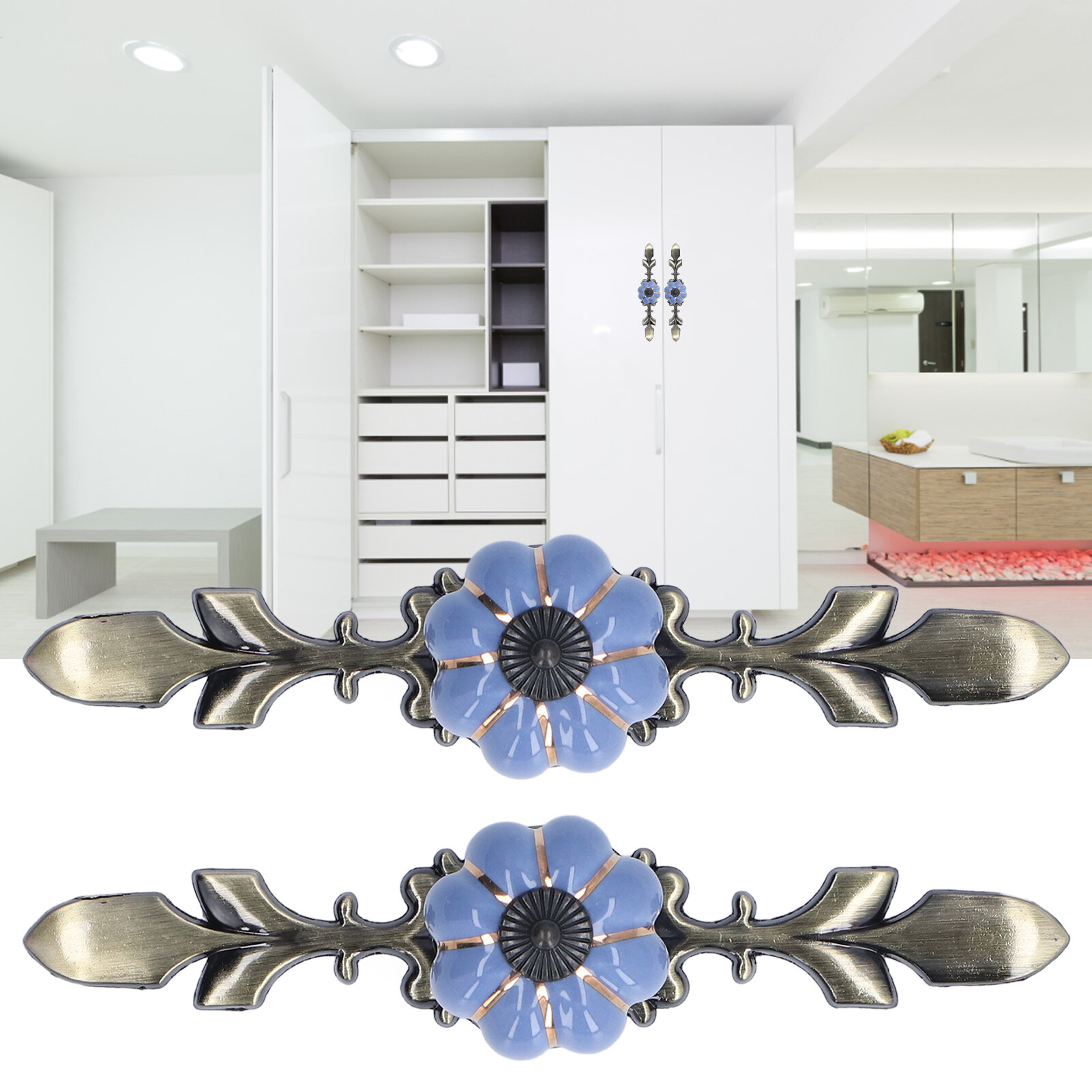 Ручная роспись тыквы Ручки ящика Китайский пасторальный стиль Керамическая ручка шкафаСиний