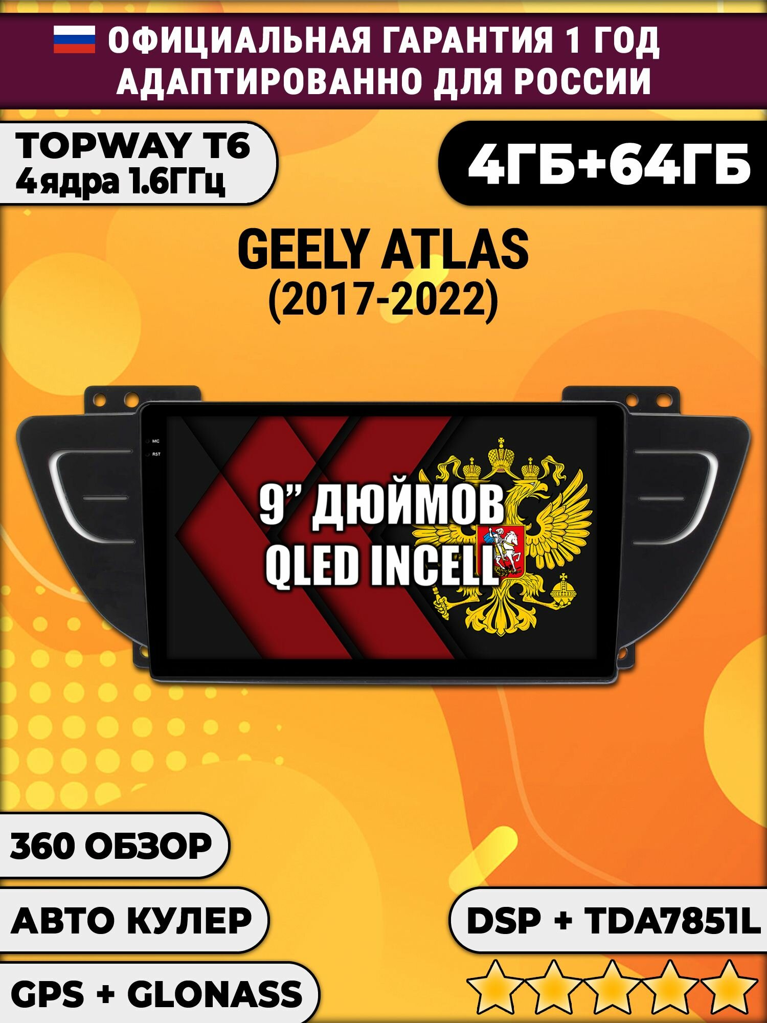 4гб+64гб с DSP для GEELY ATLAS (2017-2022), Android магнитола, без слота под симку, усилитель звука TDA7851 и поддержка 360 камер