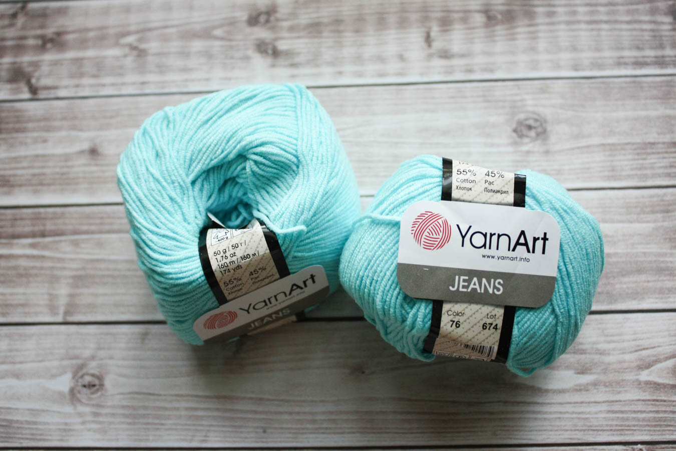 Пряжа Yarnart Jeans, цвет 76 светло бирюзовый, вес мотка 50 гр, длина нити 160 м, набор 2 мотка