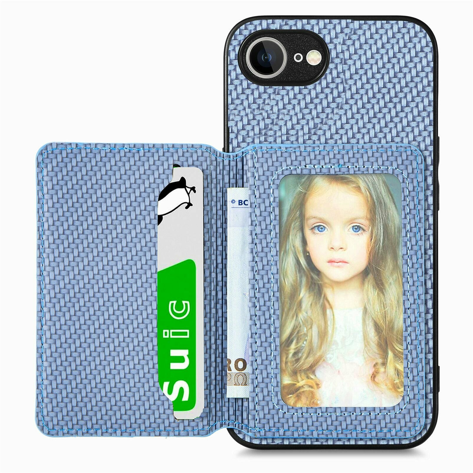 Чехол на Apple iPhone 16 Pro Max / Айфон 16 Про Макс с картхолдером, кожаный чехол с карбоновой текстурой(синий)