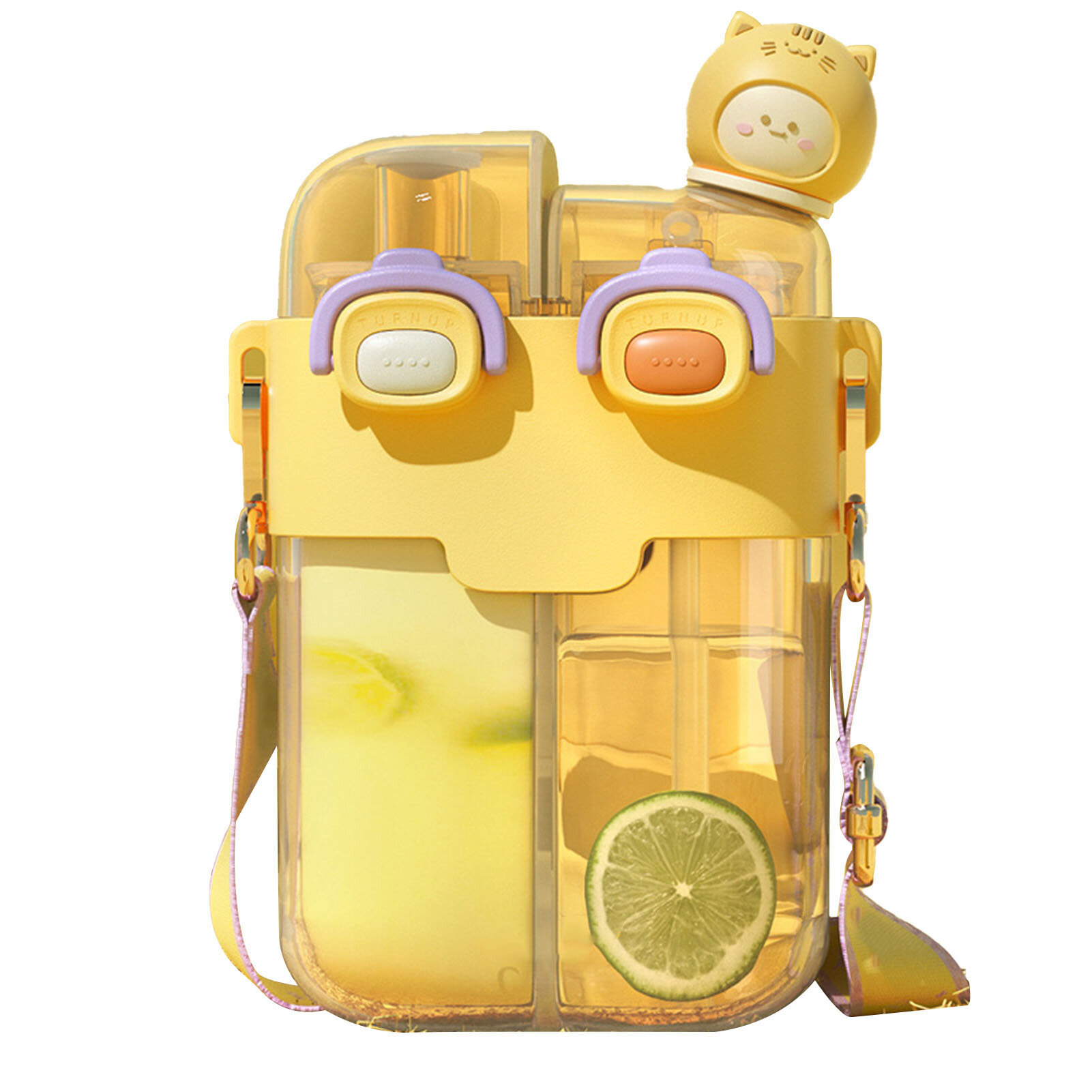 Кавайи бутылка с водой пластиковая бутылка с двойной питьевой водой со соломой регулируемое ремешок для открытого спортивного путешествия Vitality Желтая 780 мл