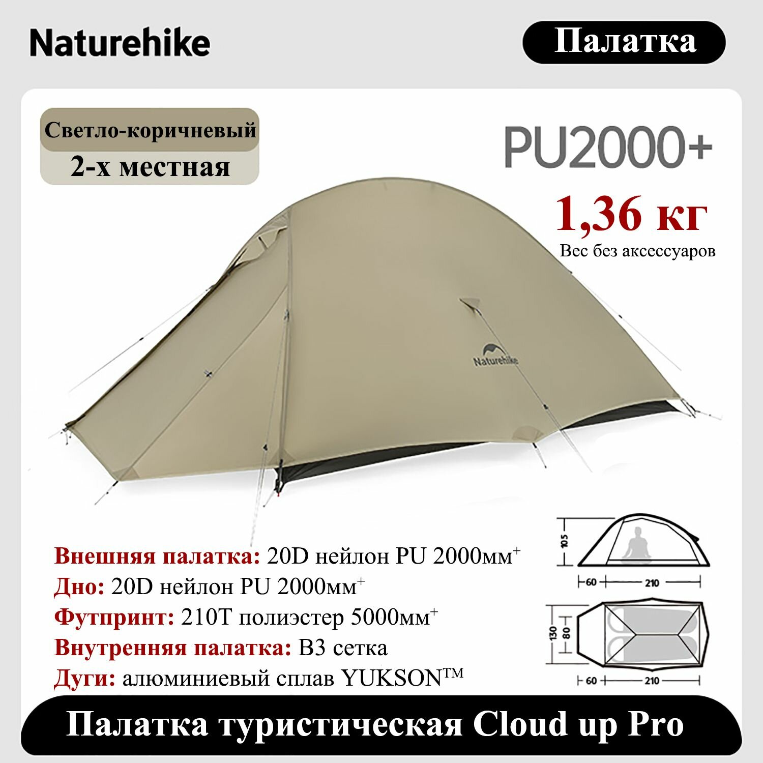 Палатка туристическая двухместная Naturehike Cloud up Pro