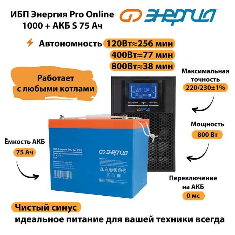 ИБП Энергия Pro Online 1000 230В-12В + Аккумулятор S 75 Ач (800Вт-38мин)