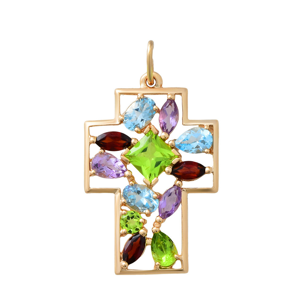 Женский крест из красного золота 585 пробы с хризолитом, гранатом и аметистом