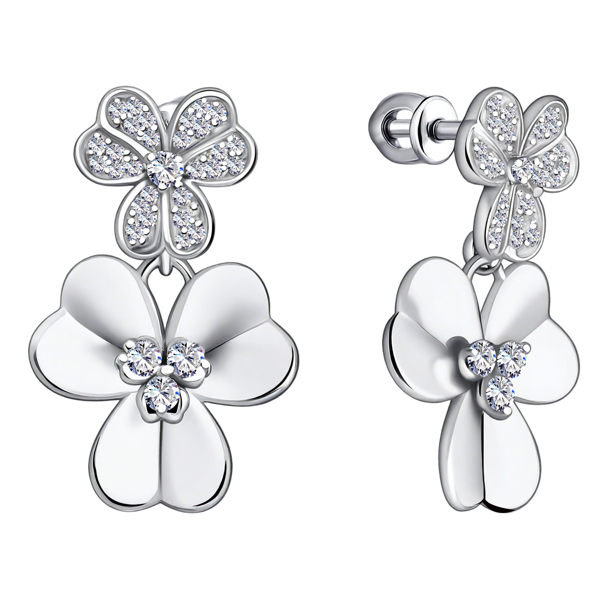 Серьги пусеты, серебро, 925 проба, родирование, фианит