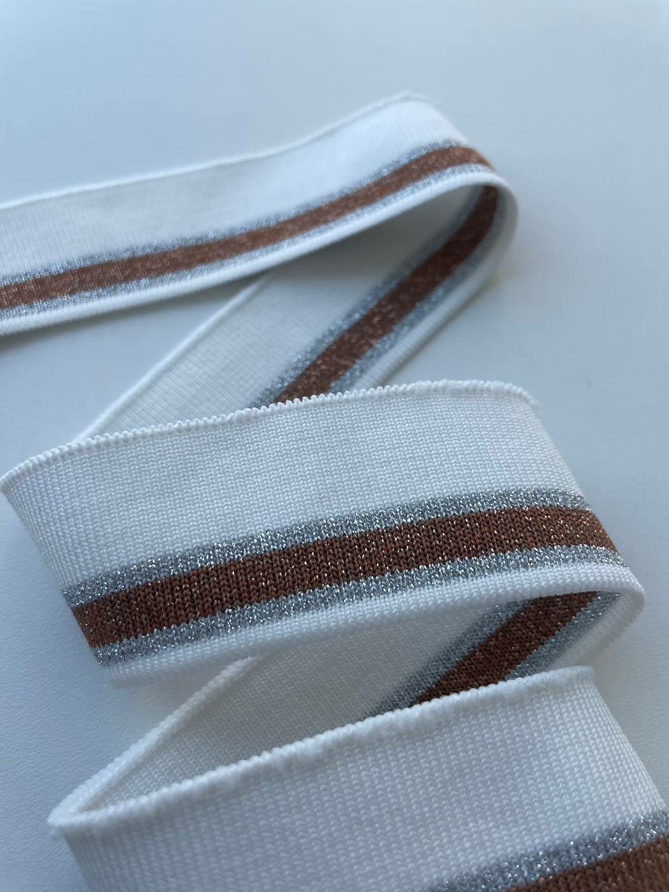 Трикотажный манжет-подвяз, белый, серебро, коричневый, 100 см x 4 см